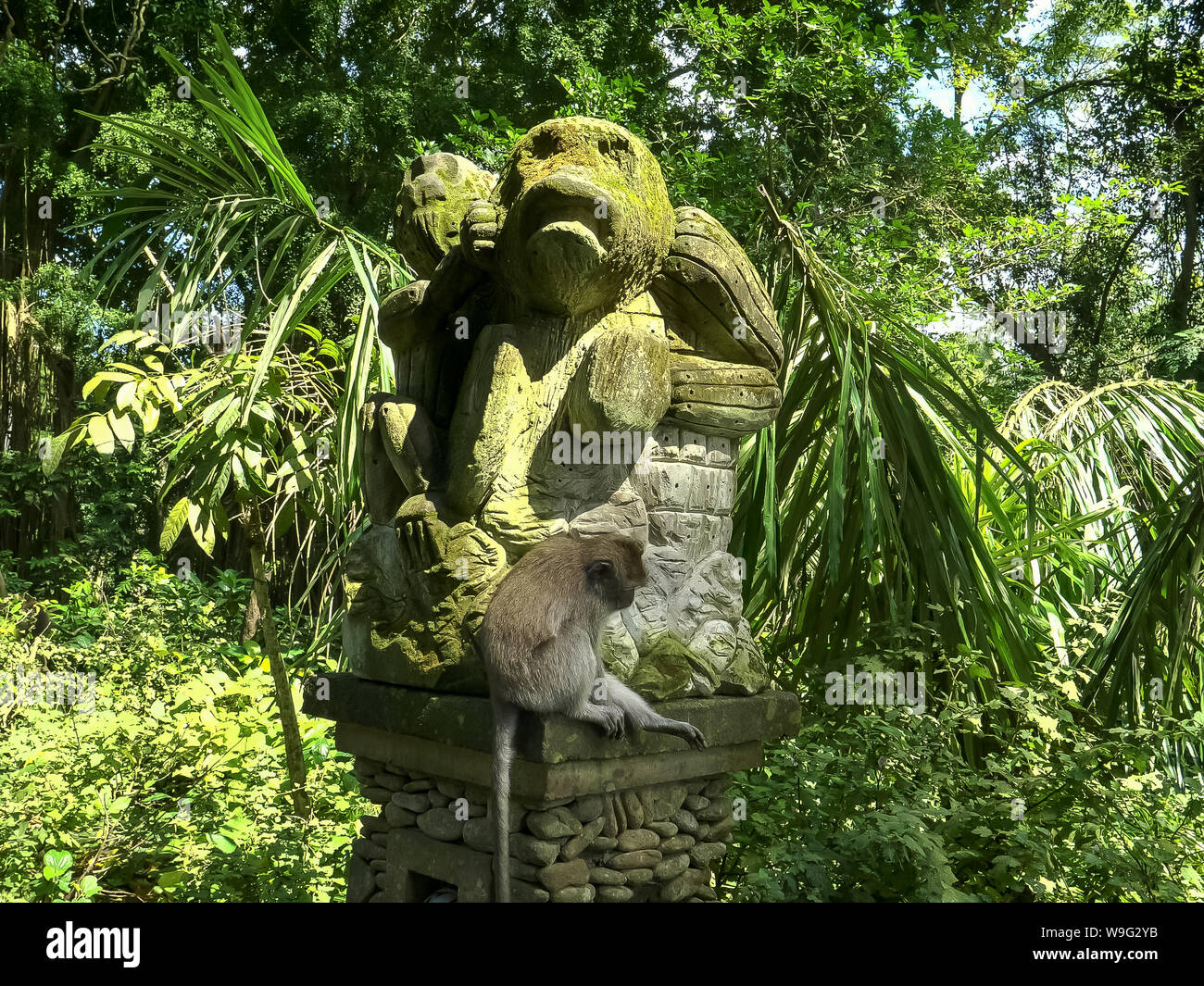 low angle shot of a long-tailed macaque on a monkey statue in bali ...