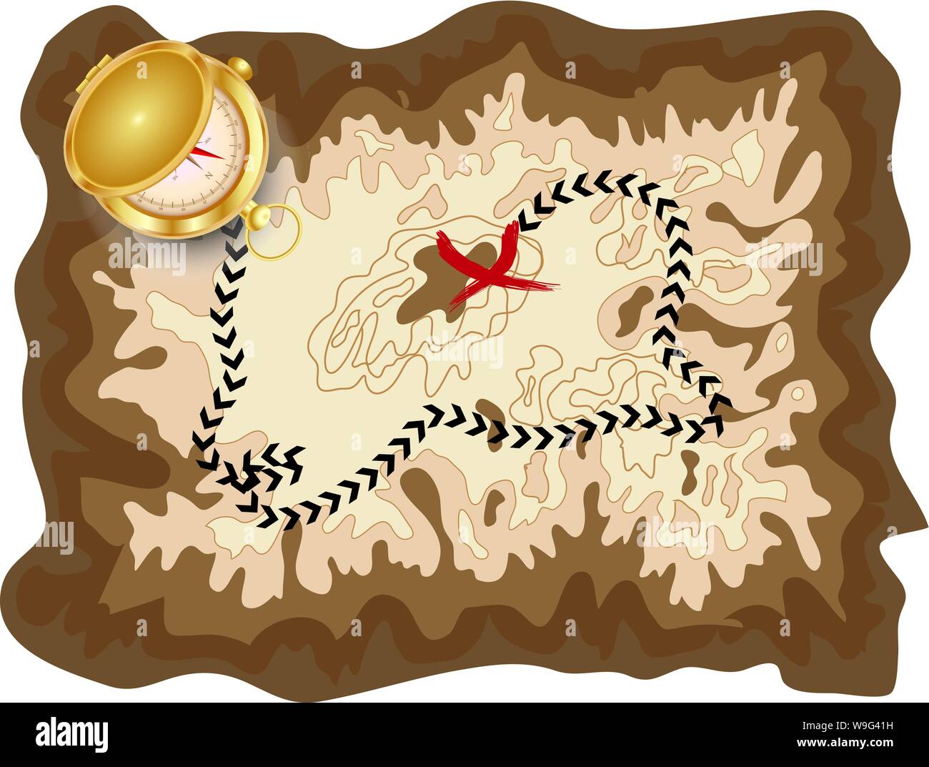 A pirate old map on a yellow parchment with a marked route and a red ...