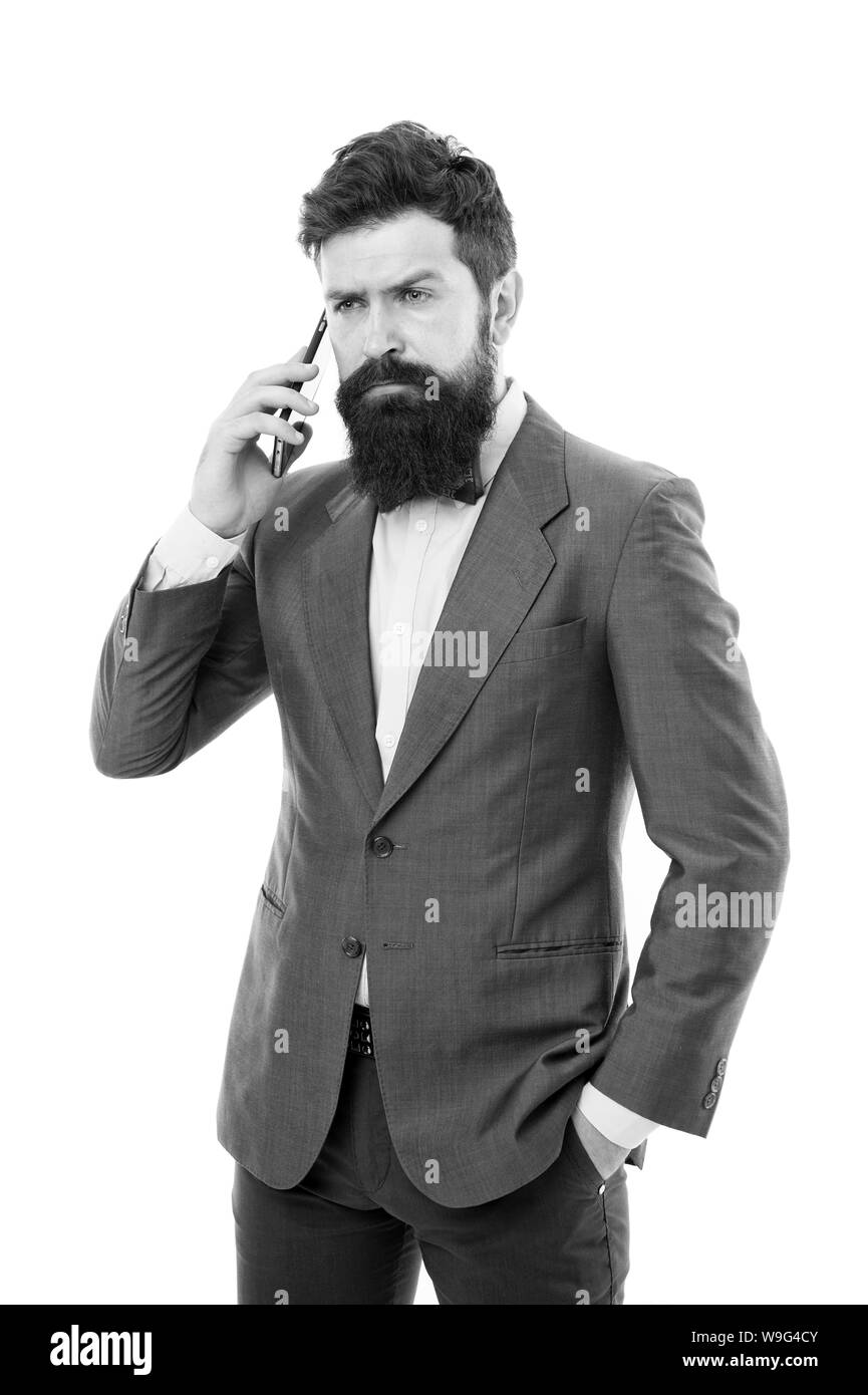 Young perfectionist. man speak on phone. business communication. Agile ...