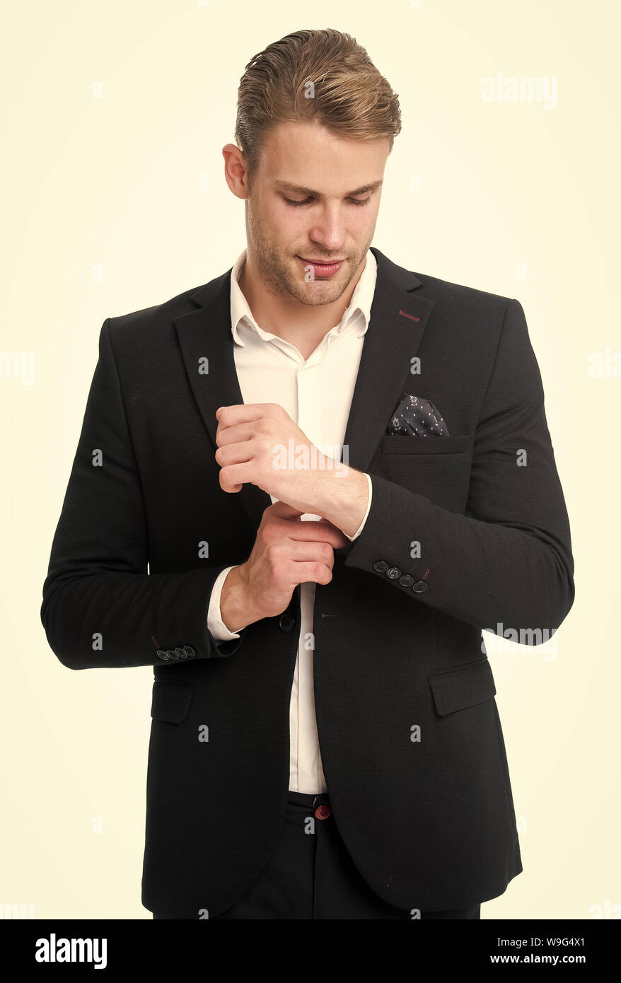 Every detail matters. Man well groomed wear elegant formal outfit ...