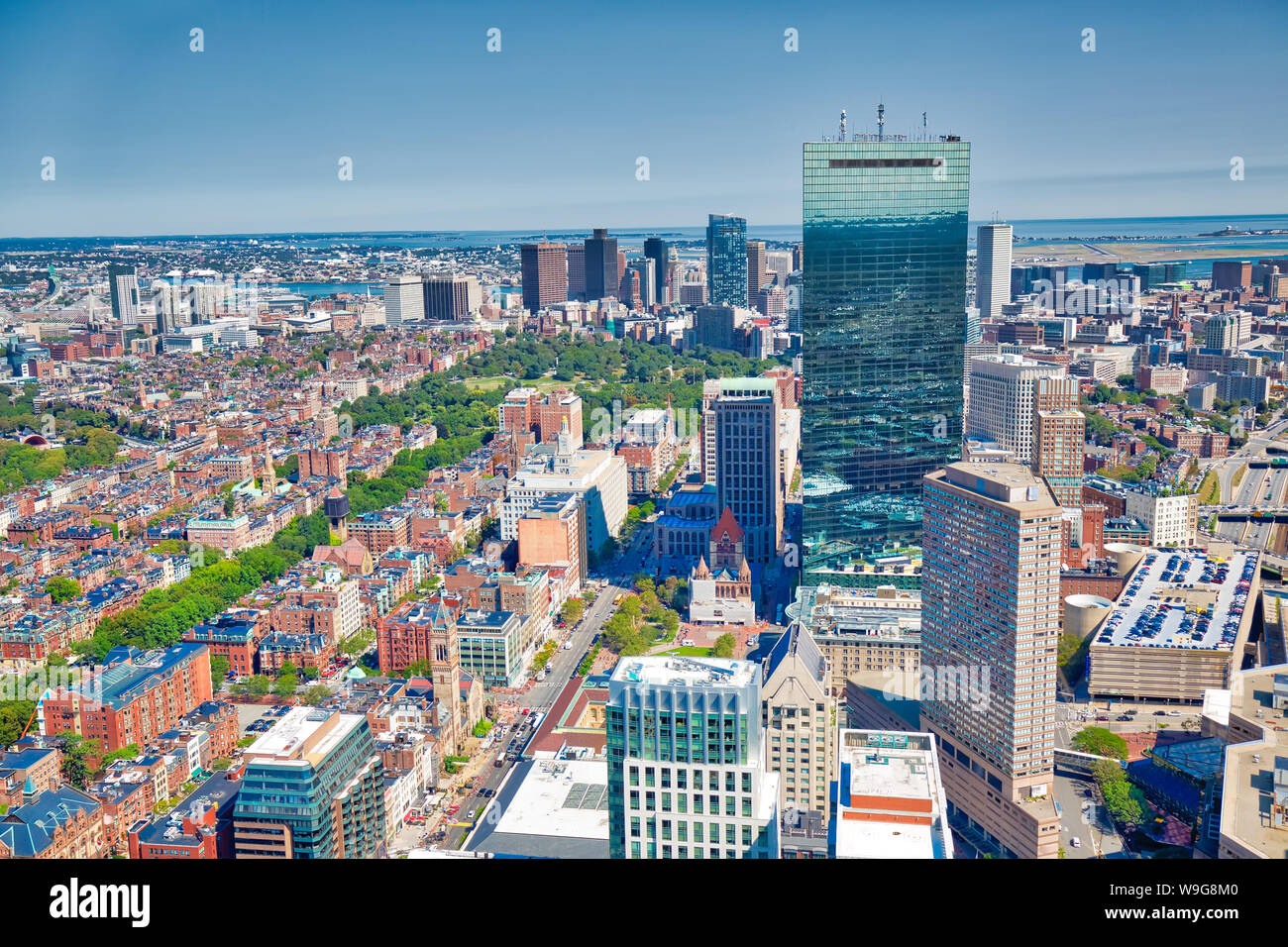 Panoramic aerial view of Boston from Prudential Tower observation deck ...