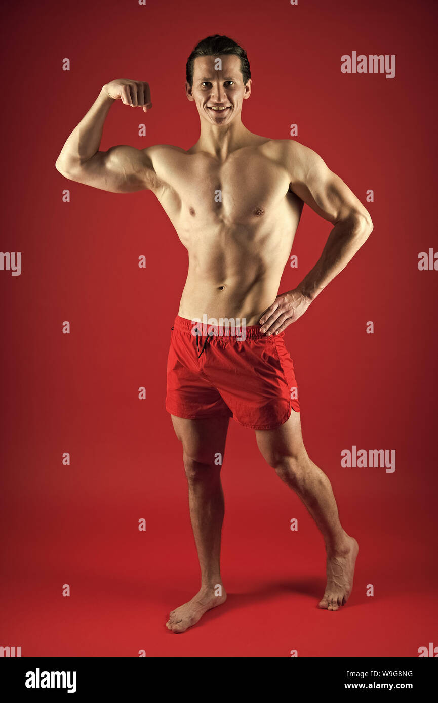 Attractive guy muscular chest. Proud of excellent shape. Muscular ...