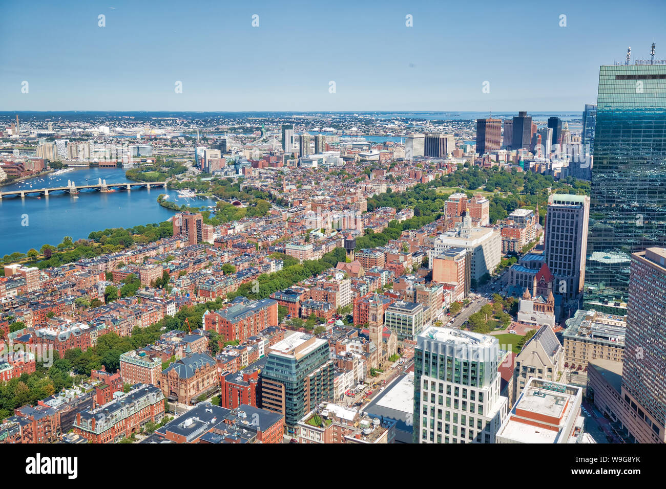 Panoramic aerial view of Boston from Prudential Tower observation deck ...