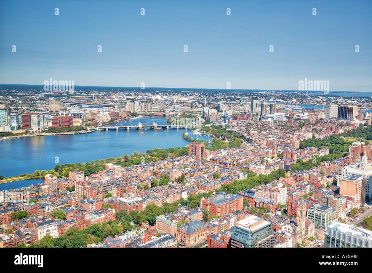 Panoramic aerial view of Boston from Prudential Tower observation deck ...