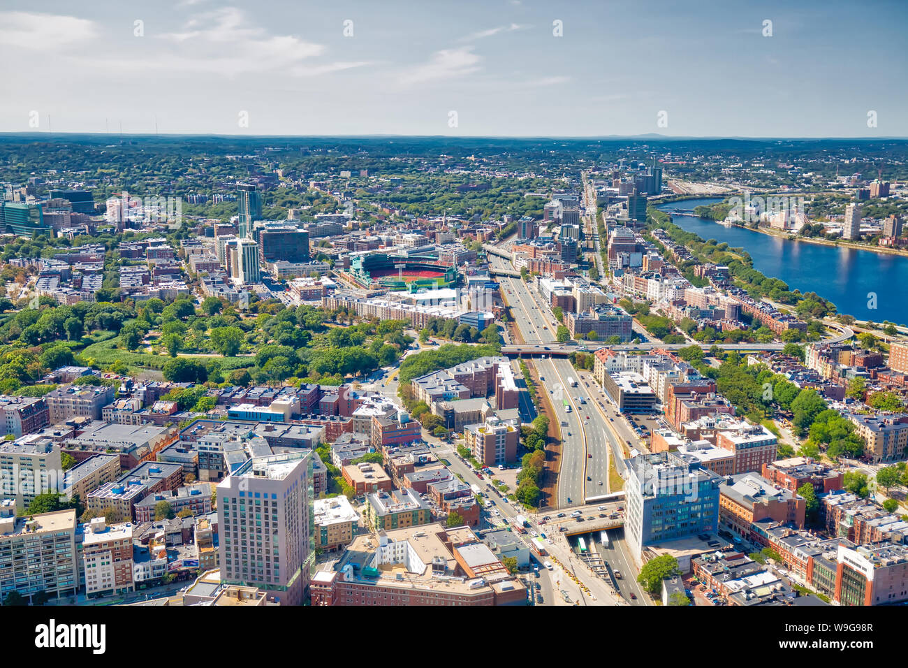 Panoramic aerial view of Boston from Prudential Tower observation deck ...