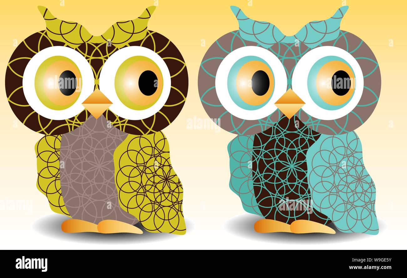 A pair of owls with an intricate pattern on the wings and body, volume ...