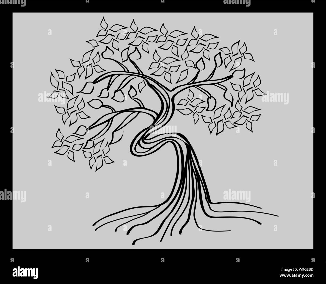 Black silhouette of a curved deciduous tree in a frame on a gray ...