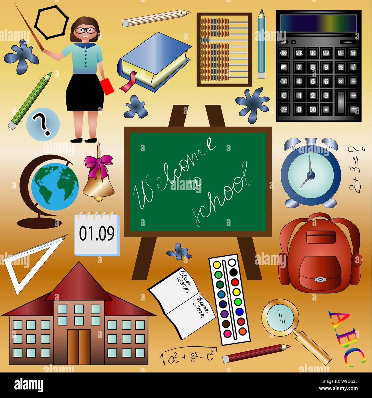 A set of "good-to-school", "return to school", teacher, bell ...