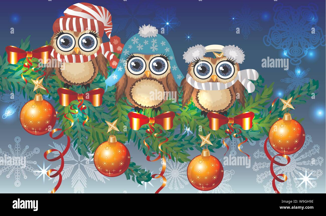 Three owls in caps, scarves, headphones on a spruce branch decorated ...