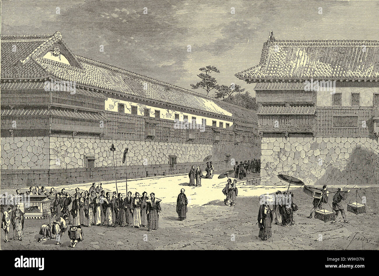 [ 1880s Japan - Street in Edo ] — Engraving by E. Therond, showing a ...