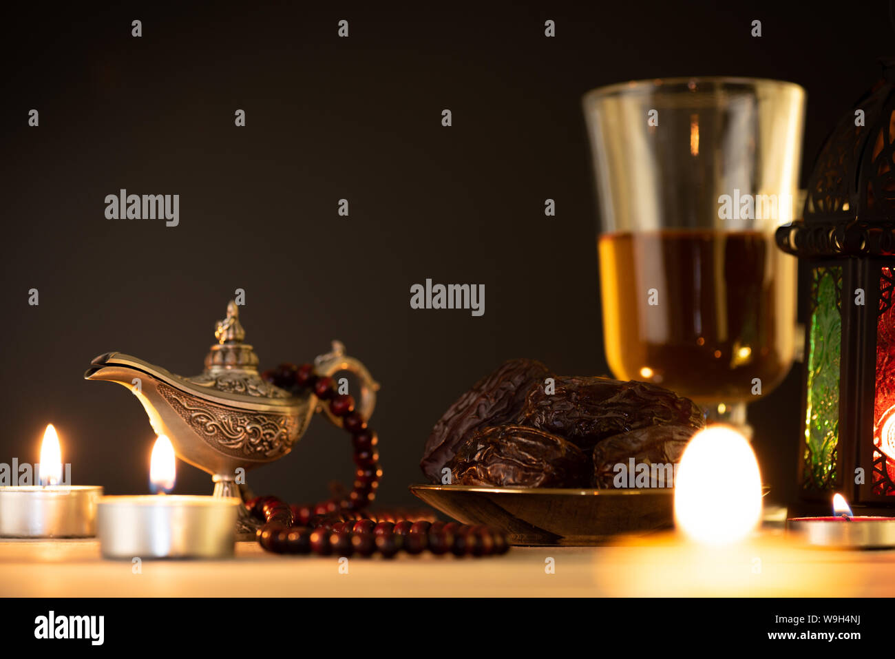 Ramadan food and drinks concept. Ramadan Lantern with arabian lamp ...