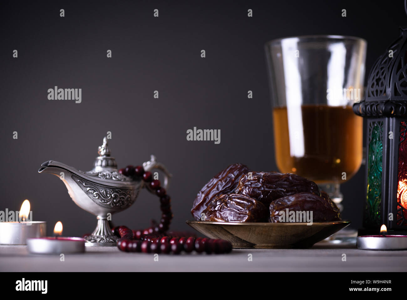 Ramadan food and drinks concept. Ramadan Lantern with arabian lamp ...