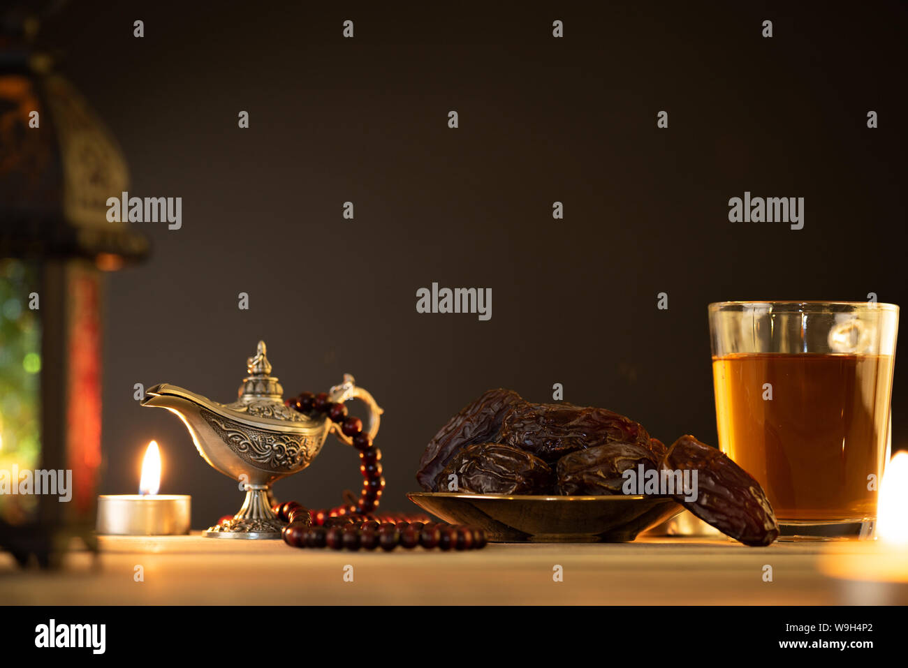 Ramadan food and drinks concept. Ramadan Lantern with arabian lamp ...