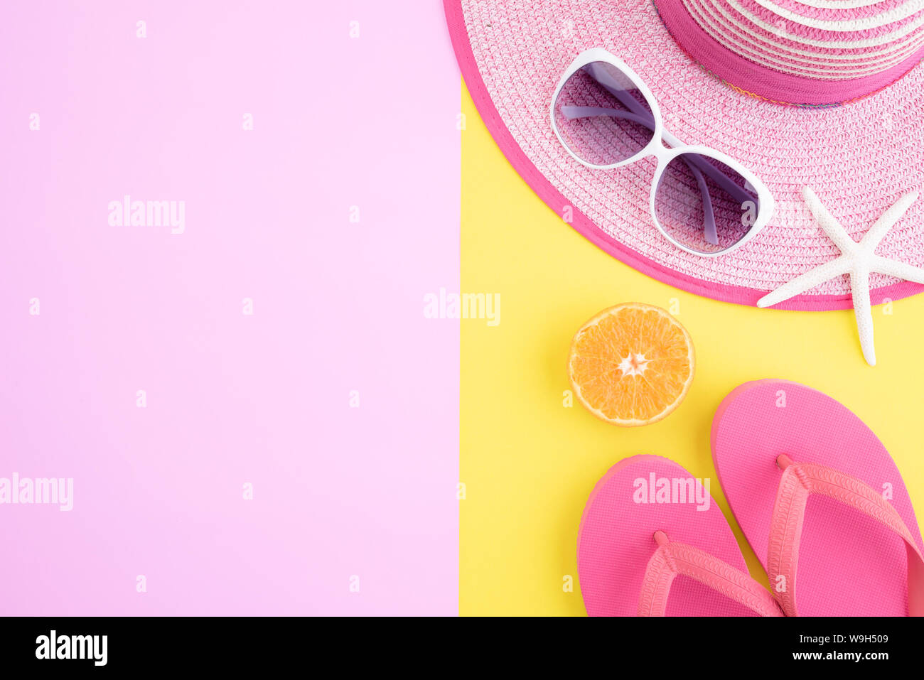 Beach accessories retro film camera, sunglasses, flip flop starfish ...