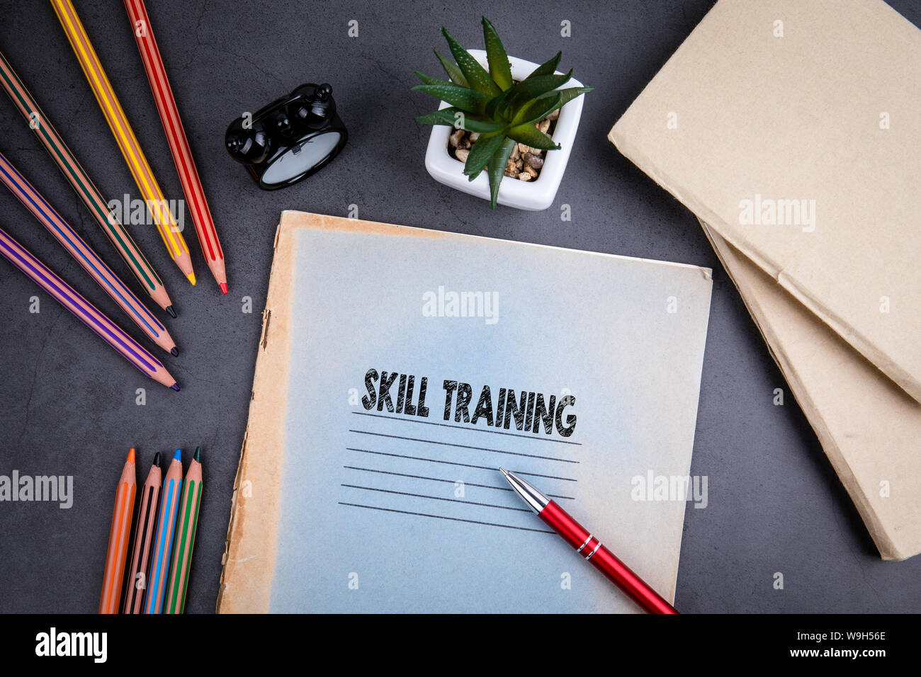 Skill Training concept. Notebook and pen on gray desk Stock Photo - Alamy