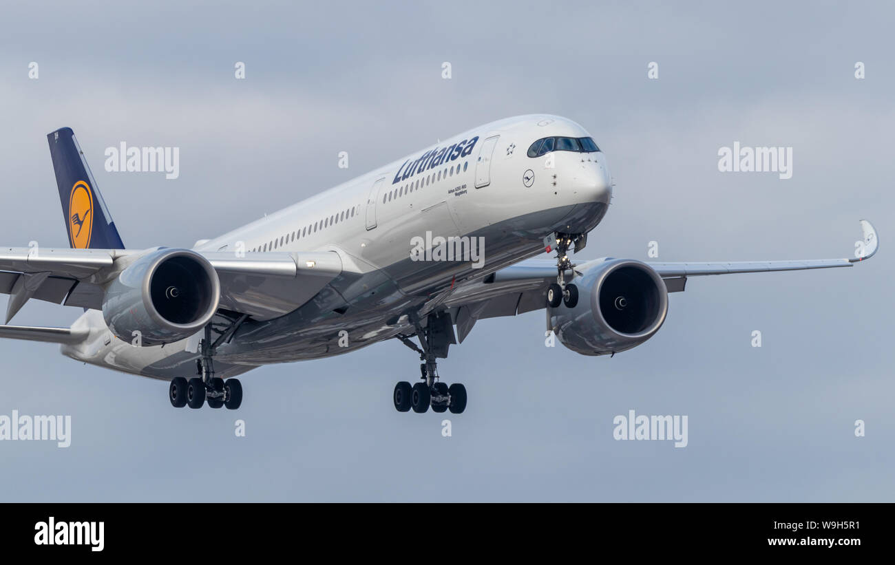 Lufthansa Airbus A350-9 landing on a cloudy day at Toronto Pearson Intl ...