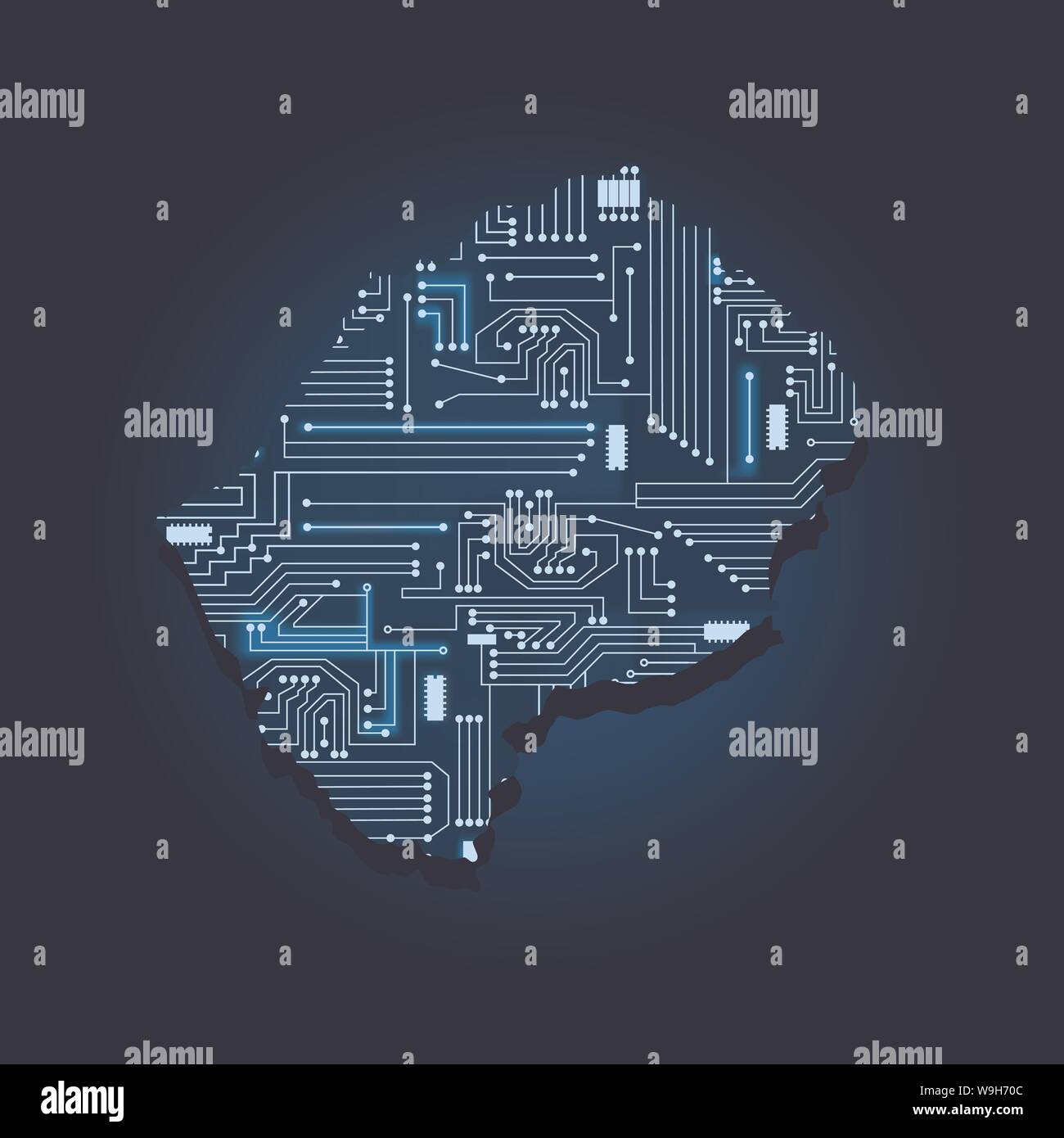 Contour map of Lesotho with a technological electronics circuit ...