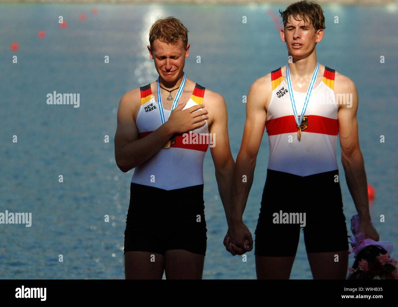 Rothe Hagen, right, and Peter Sebastian of Germany pose on the podium ...