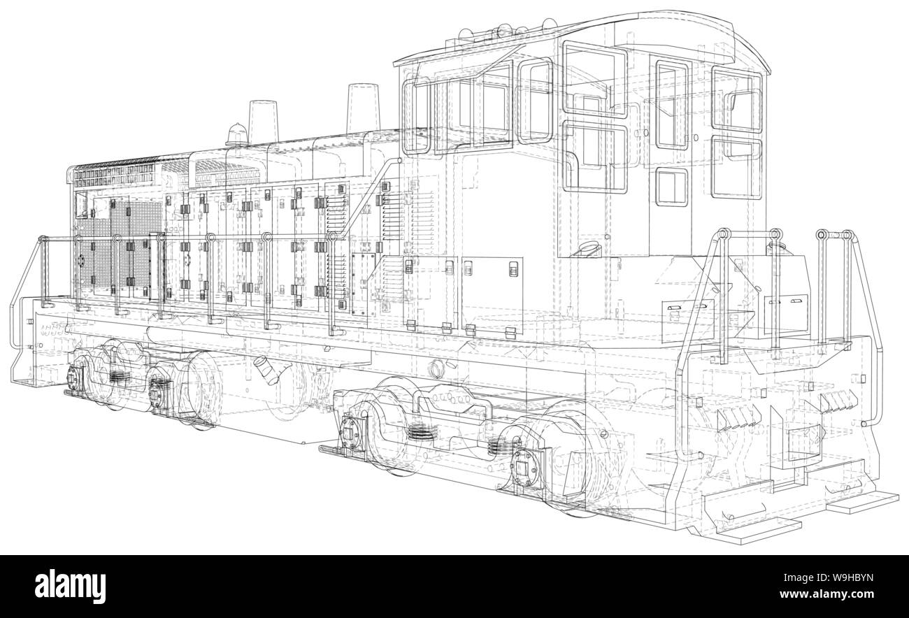 Locomotive machine technical wire-frame. EPS10 format. Vector created ...