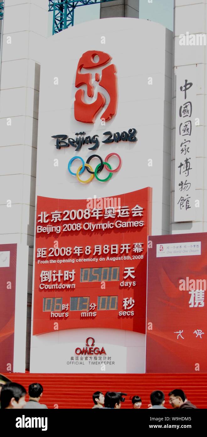 Beijing Olympic Games countdown clock sign shows the 500-day countdown ...