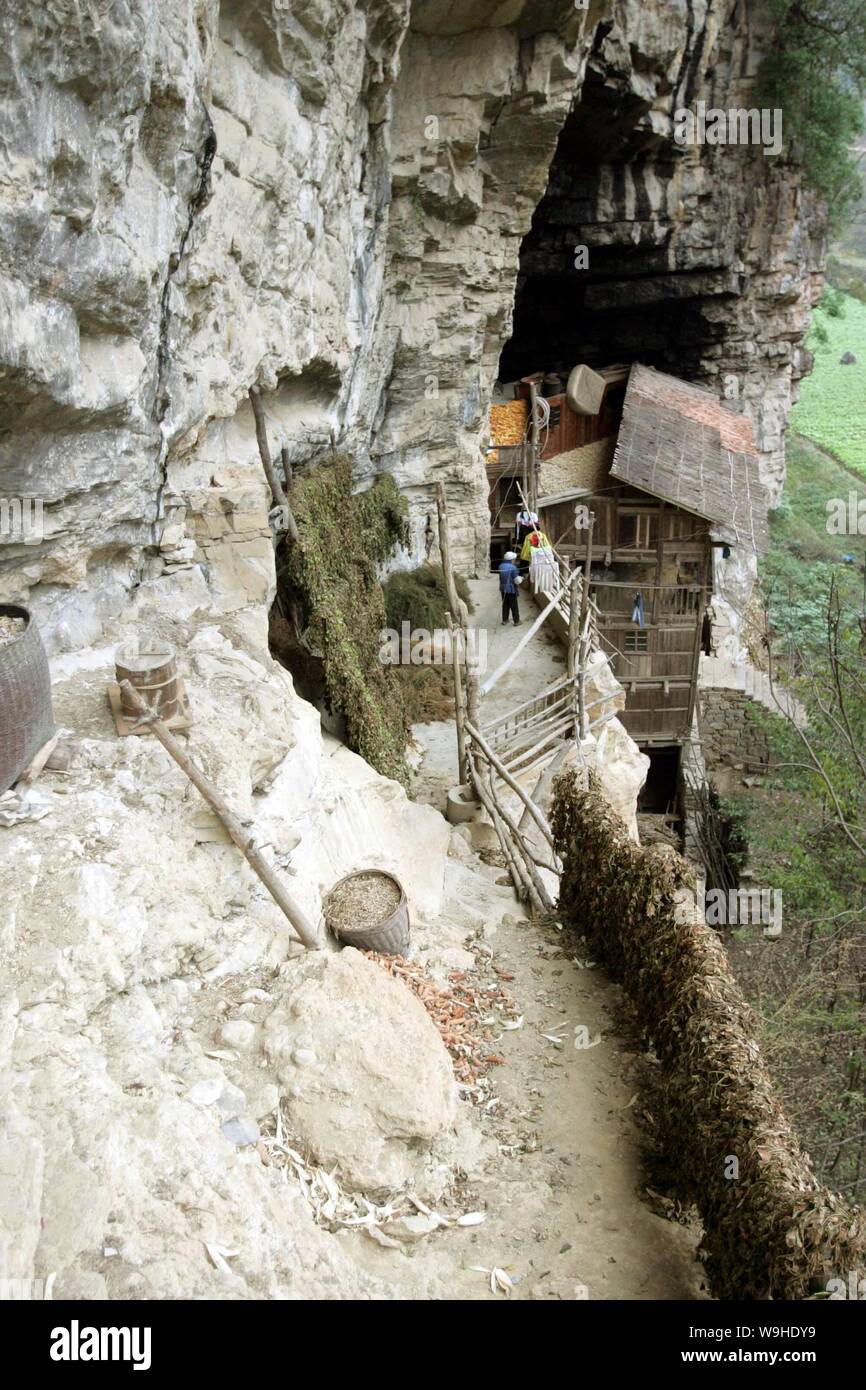 View of a civilian house on the cliff in Wuyang village, Fengdu county ...