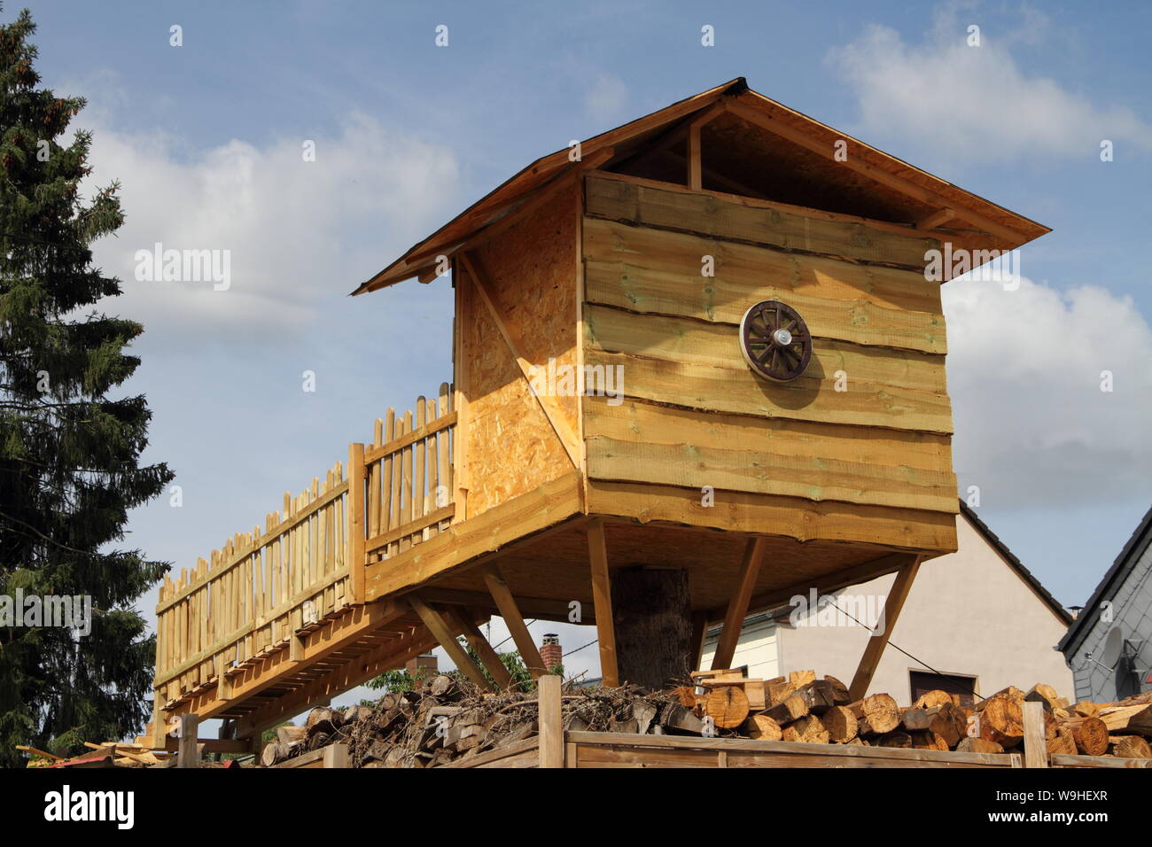 a tree house on a sawed tree Stock Photo - Alamy