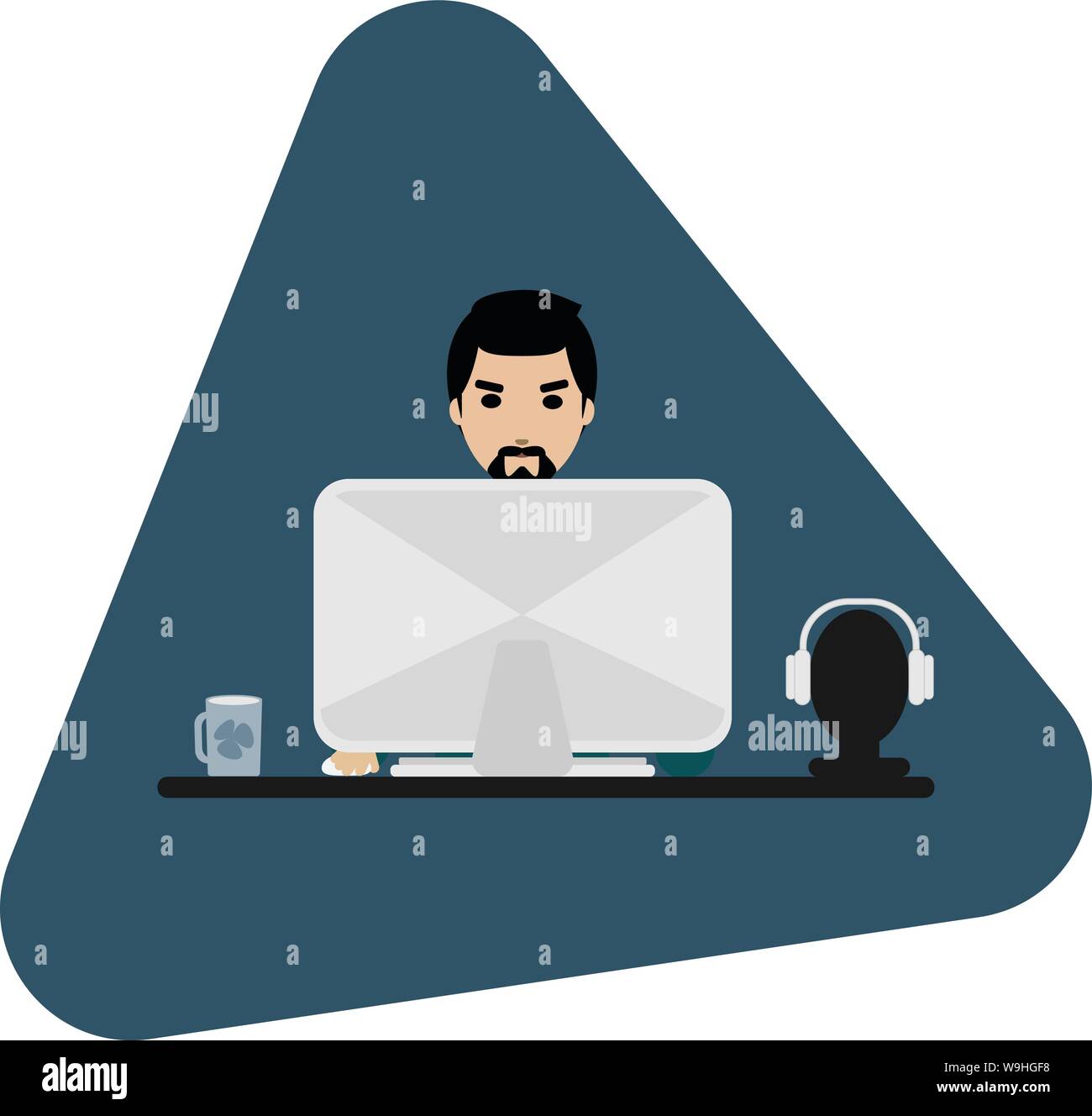 Vector cartoon illustration of a man working at his computer Stock ...