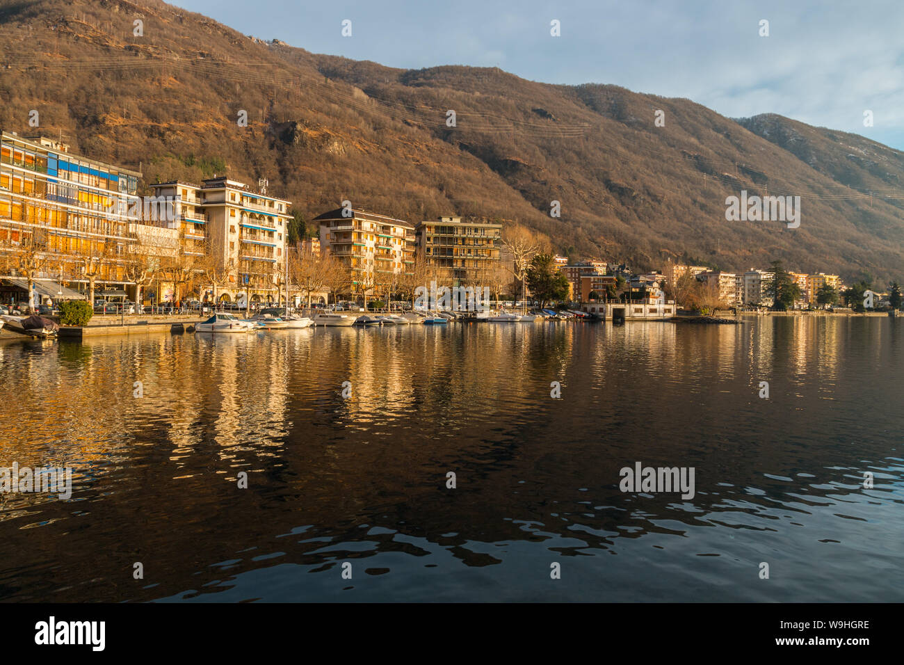Omegna lakefront at sunset, Lake Orta, Verbania, Piedmont, Italy Stock ...