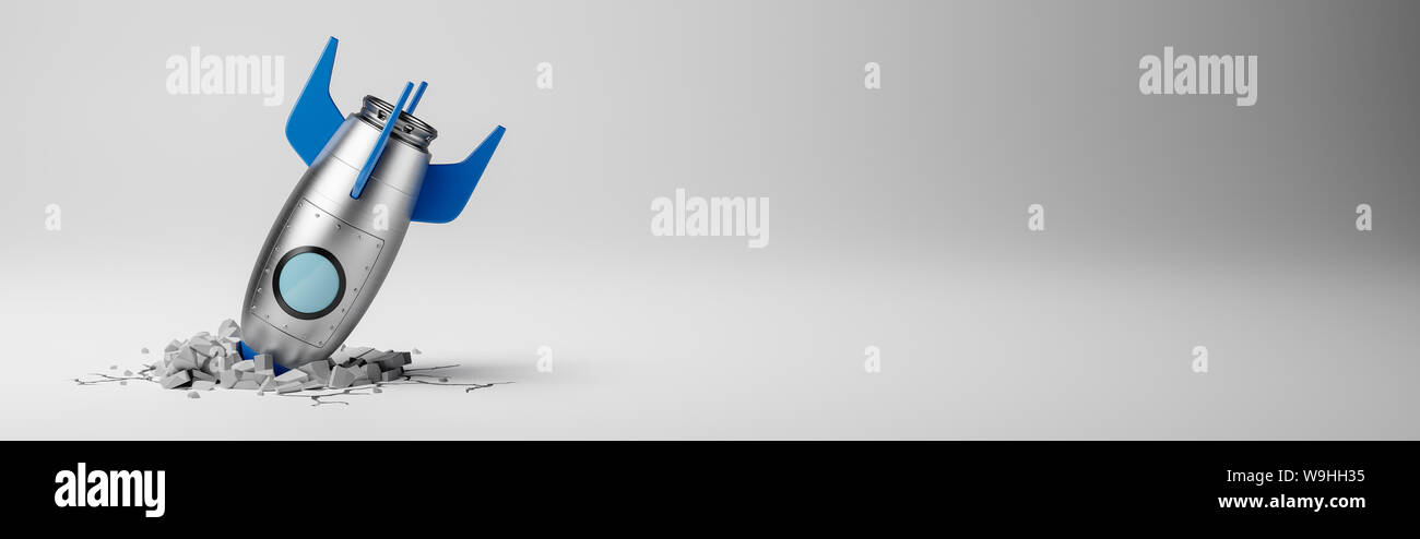 Blue and Metal Cartoon Spacecraft Crashed on White Background 3D ...