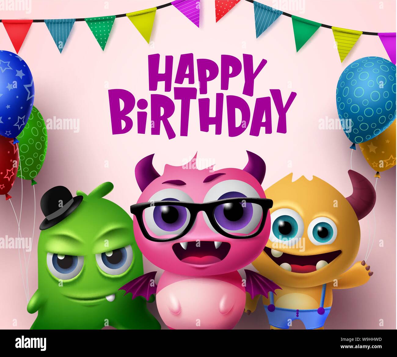 Happy birthday vector concept design. Cute little monsters creature ...