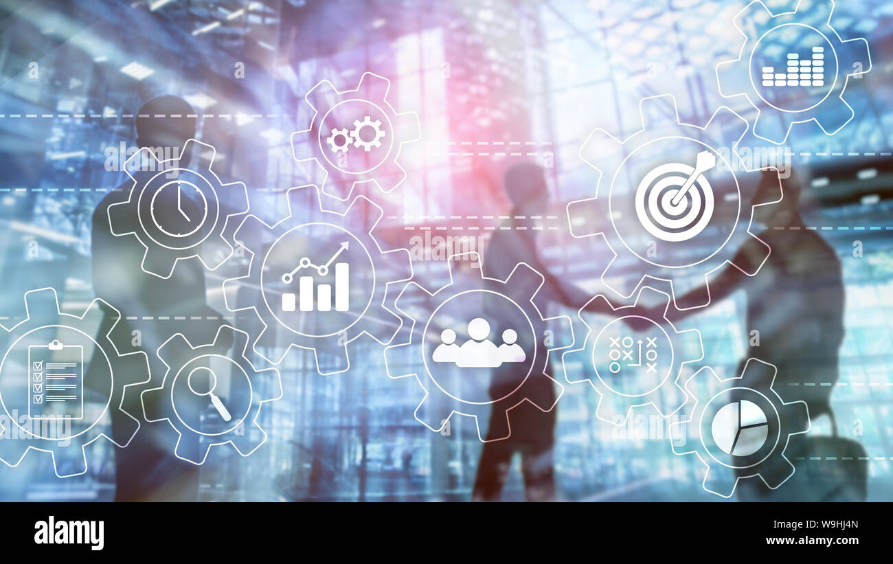 Business process automation concept. Gears and icons on abstract ...