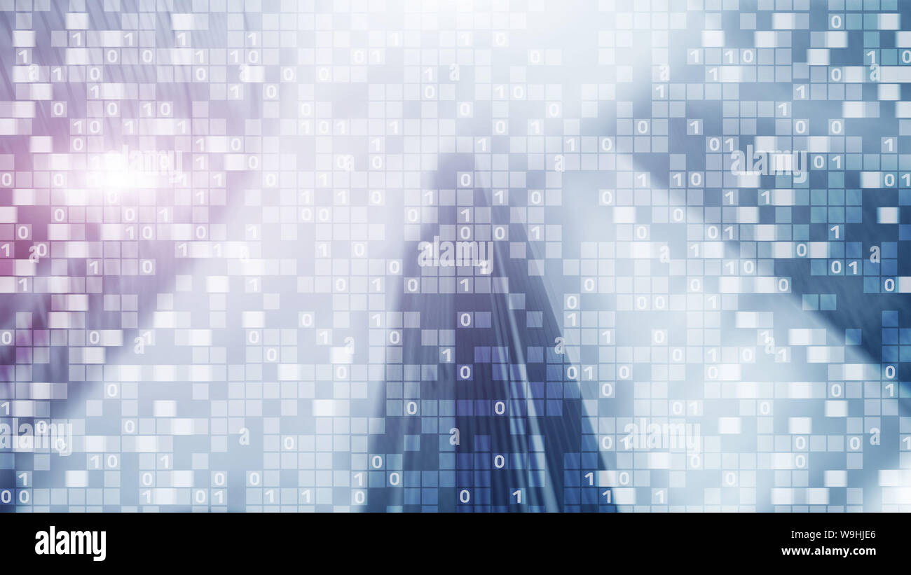 Digital code on blur city background. Abstract Binary code Stock Photo ...