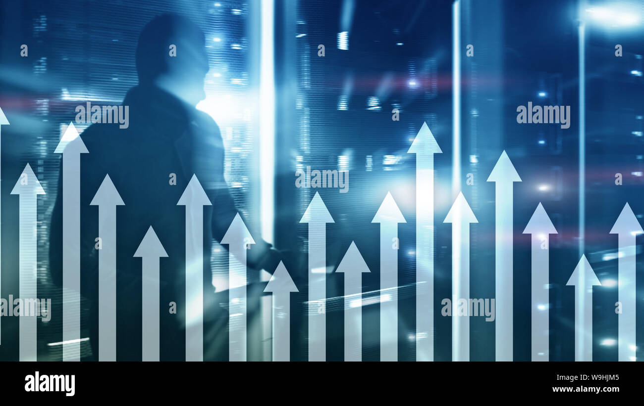 Up arrow graph on skyscraper background. Invesment and financial growth ...