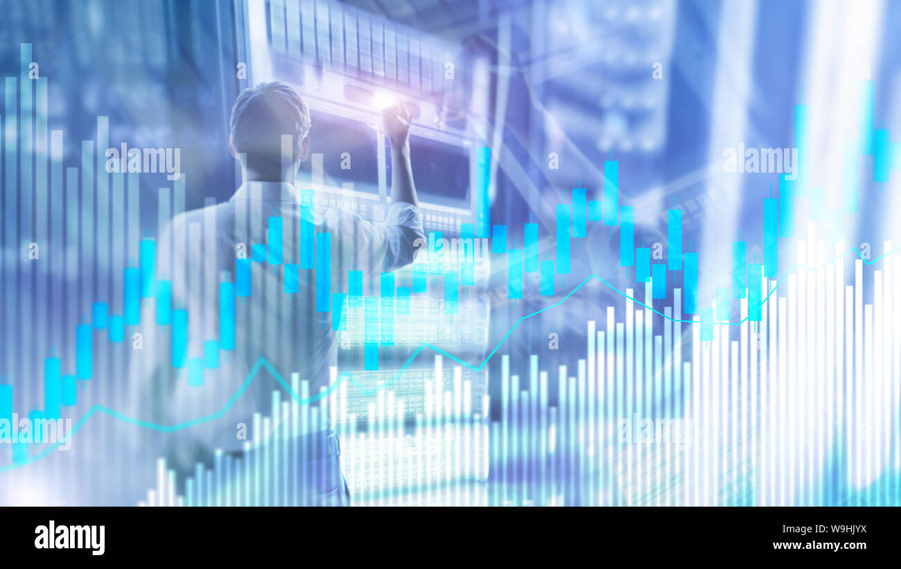 Stock trading candlestick chart and diagrams on blurred office center ...