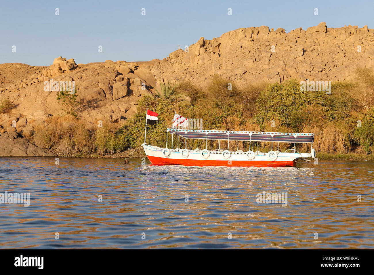 ASWAN, EGYPT - MARCH 27, 2019: Boat in Nile river, Aswan city Stock ...