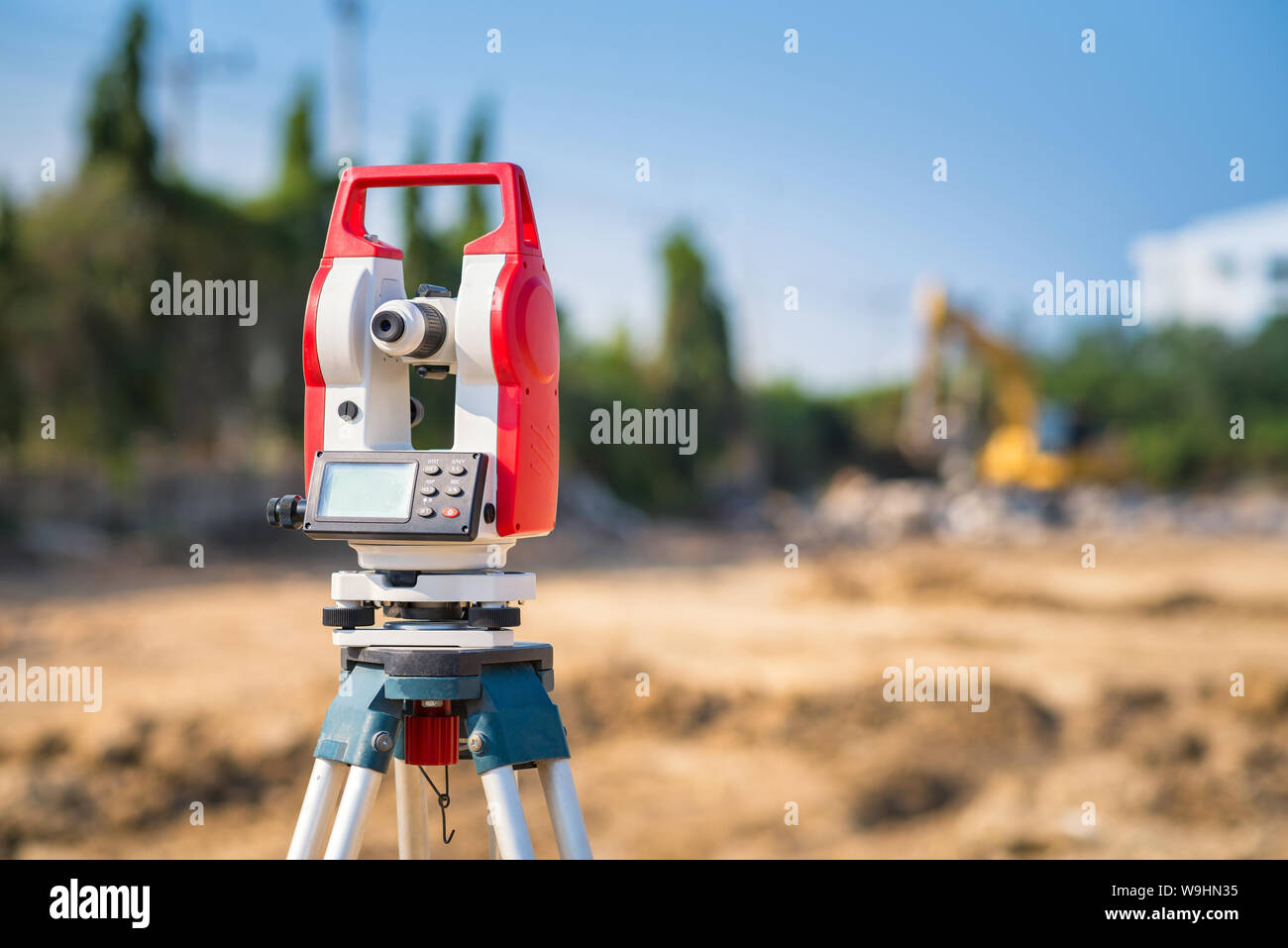 Surveyor equipment tacheometer or theodolite outdoors at construction ...