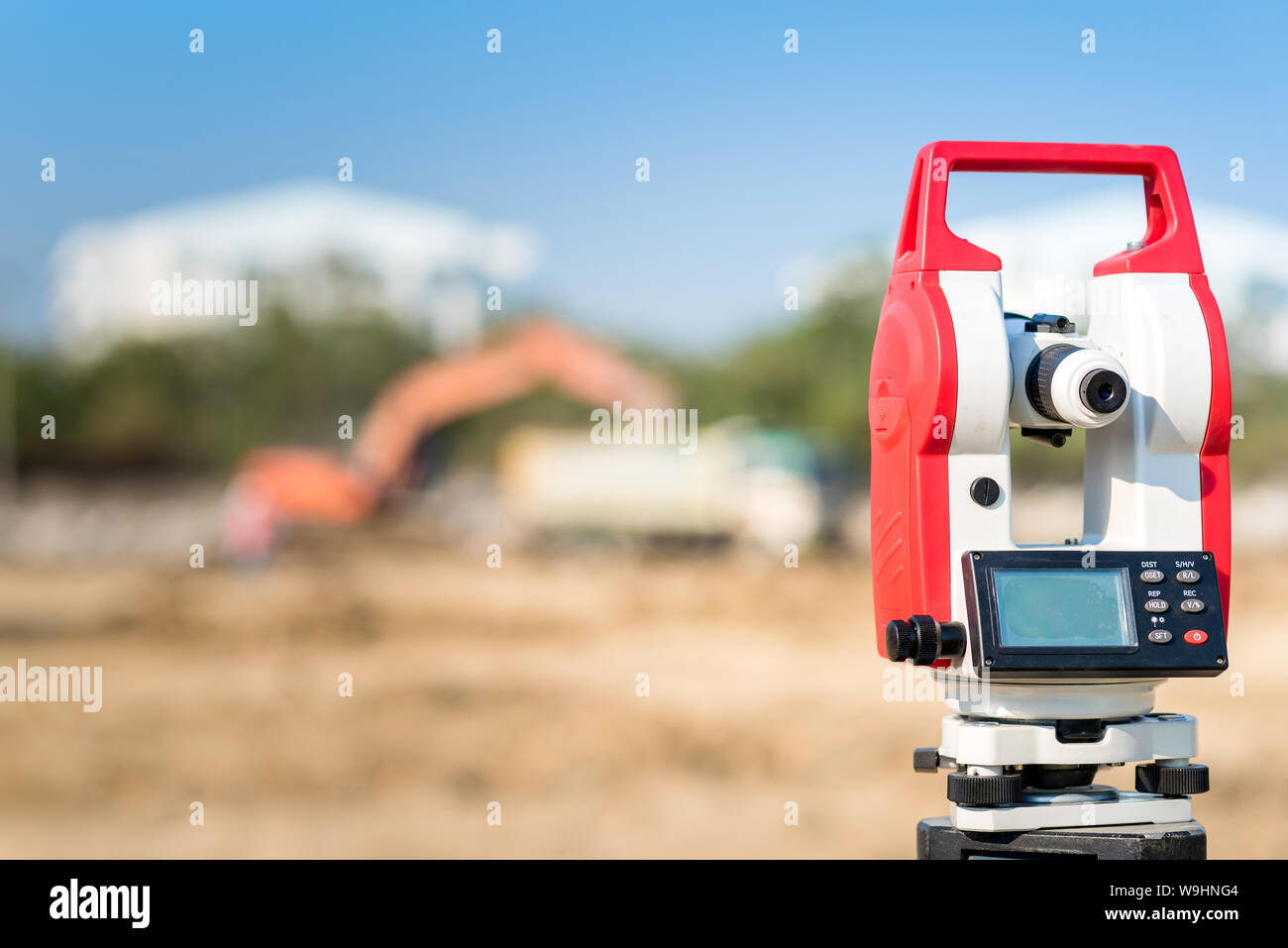 Surveyor equipment tacheometer or theodolite outdoors at construction ...