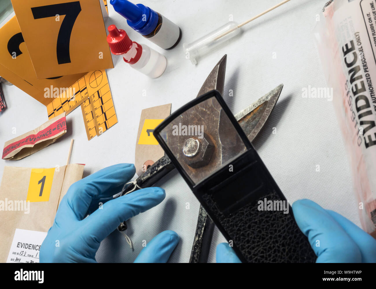 Police expert analyzes with magnifying glass some old grapple of the ...