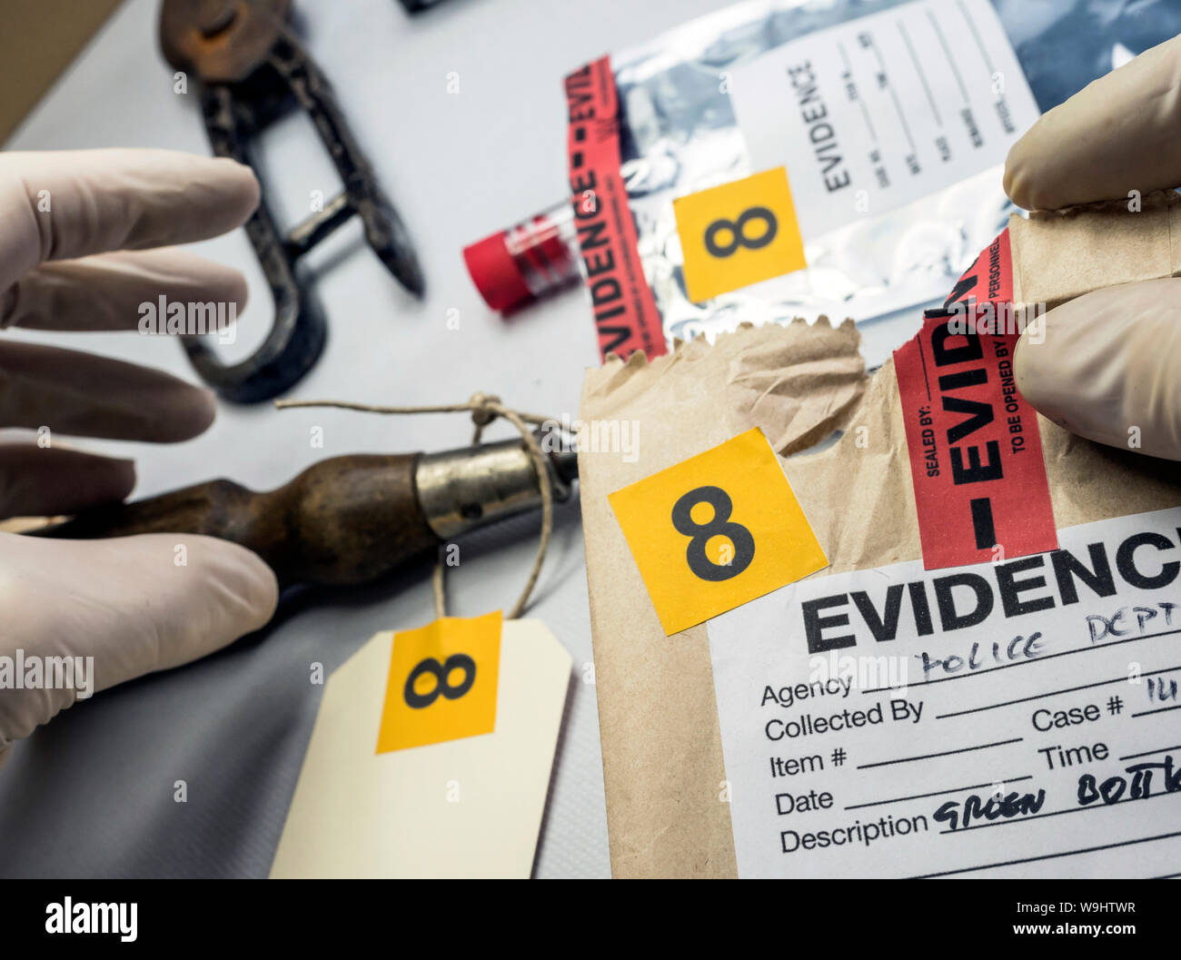 Police expert inspects a screwdriver from the scene of a crime ...