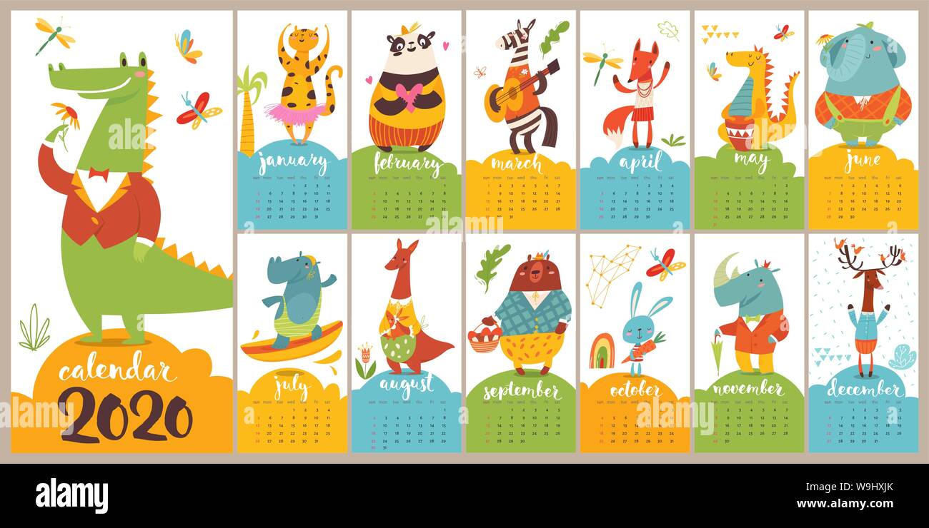 Modern style cartoon vector 2020 calendar with funny wild animals Stock ...