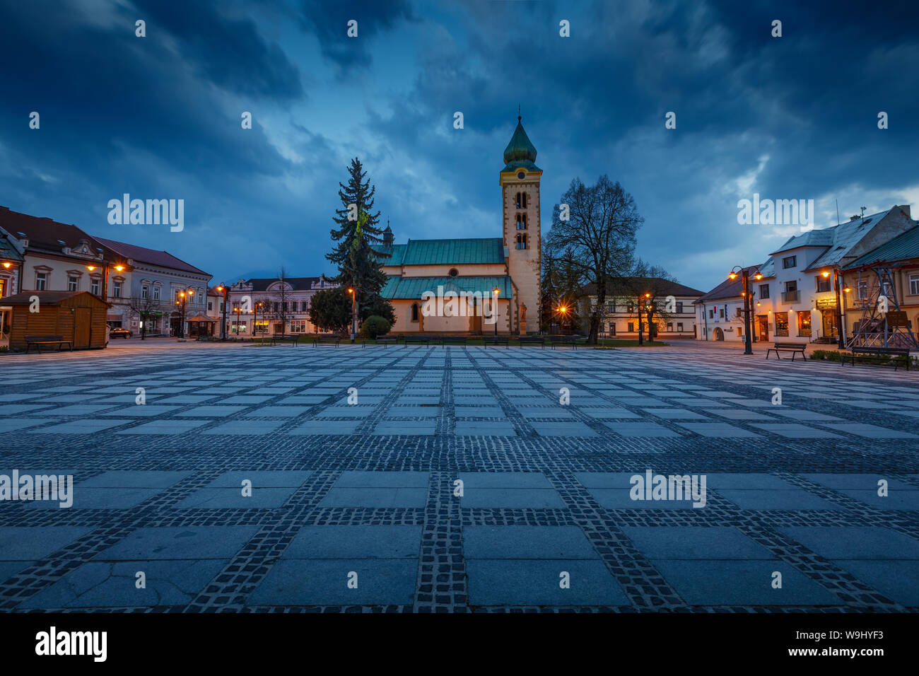 Liptovsky Mikulas, Slovakia - April 24, 2019: Church in the main square ...