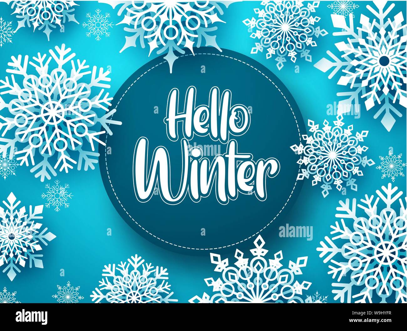 Hello winter vector greeting banner template. Snowflakes with hello ...