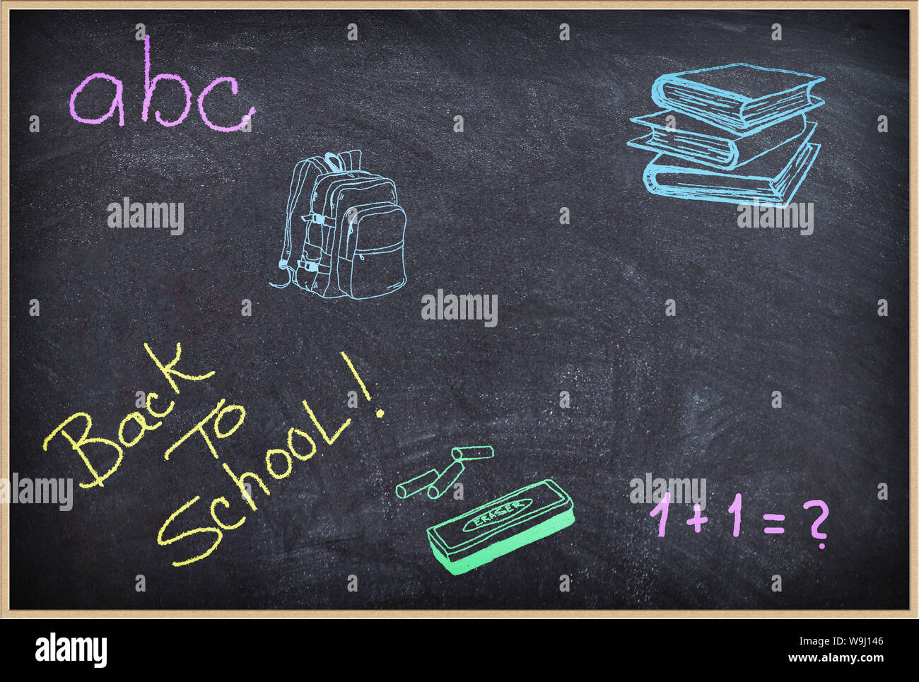 School Board with colored chalk drawings of school supplies and the ...