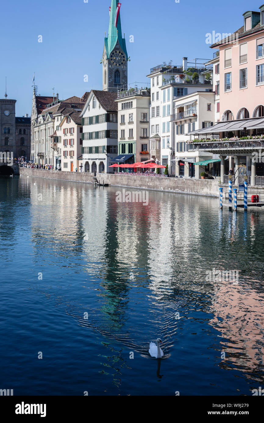 Riverfront of the Limmat river in Zurich's Old Town, Switzerland Stock ...