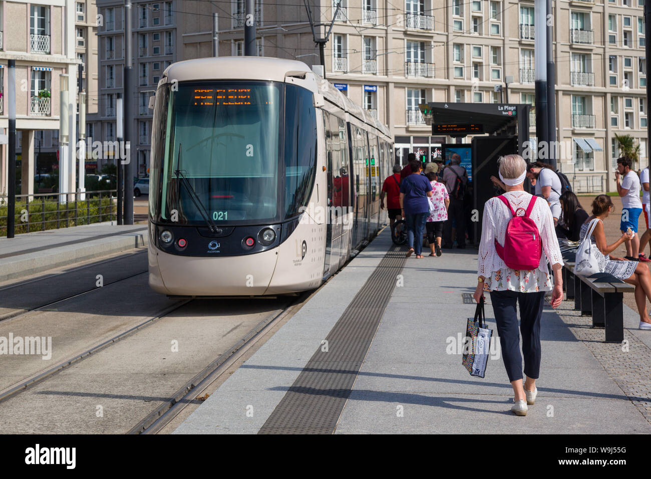 Passengers at a Tram Stop or station on the Le Havre Tramway on the ...