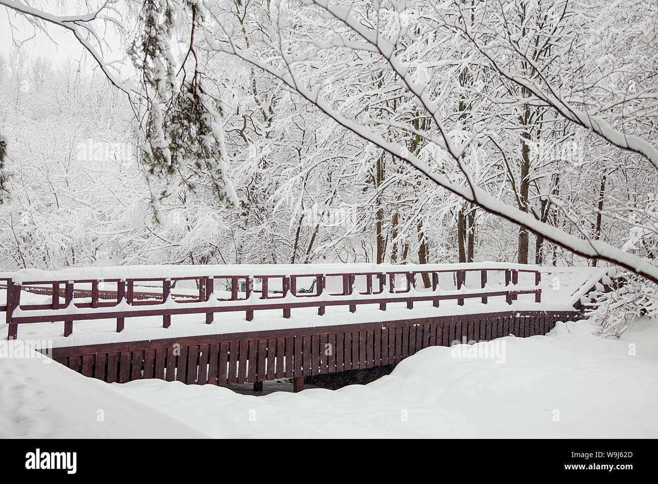 winter wooden browm bridge in the forest Stock Photo - Alamy