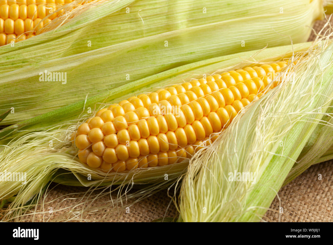 Corn with leaves on burlap Stock Photo - Alamy