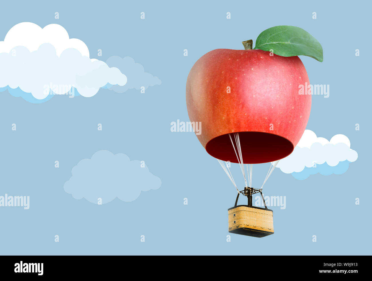 3D apple hot air balloon floating in the sky; Air travel and aircraft ...