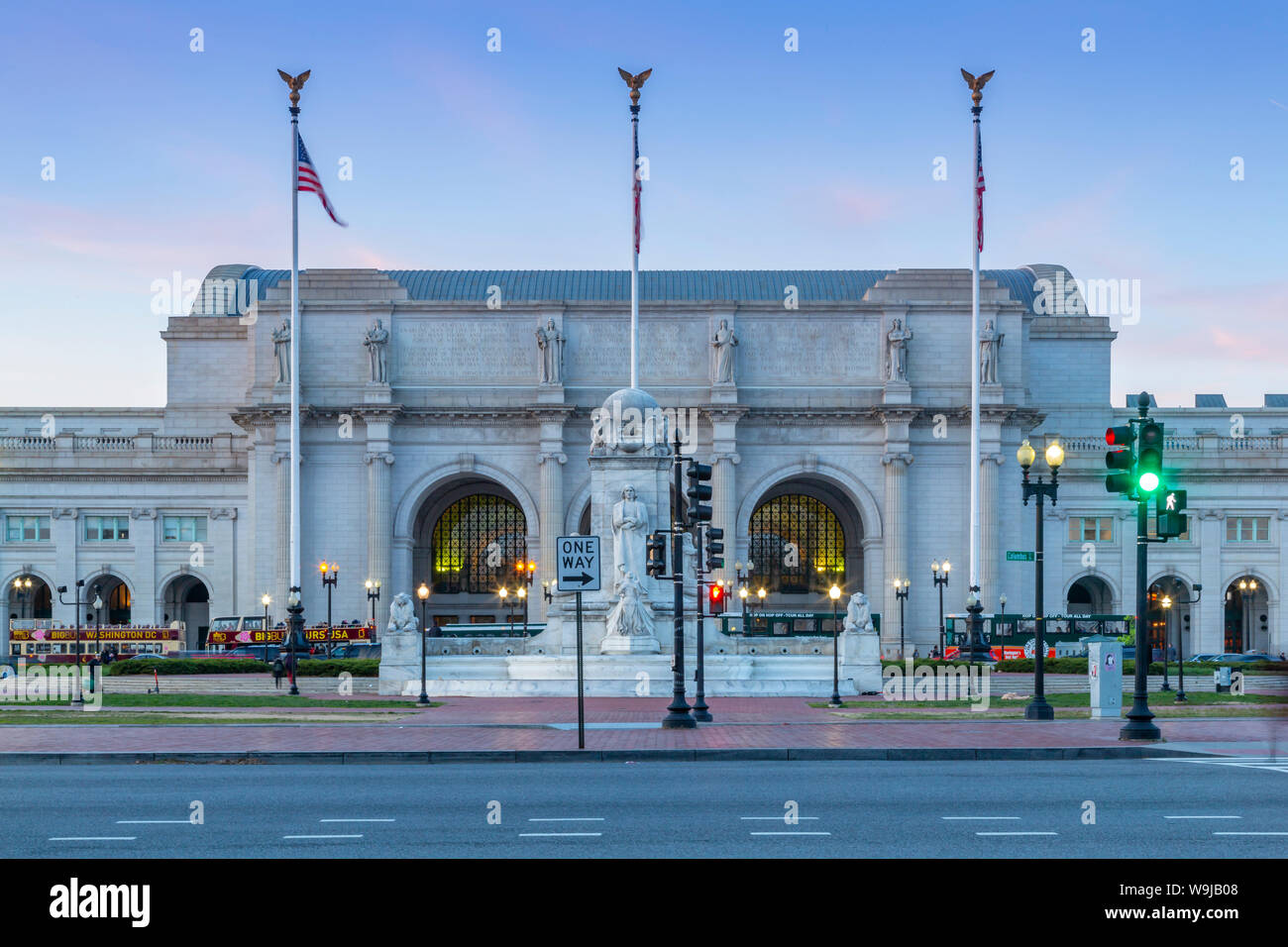 View of the exterior of Union Station at dusk, Washington D.C., United ...