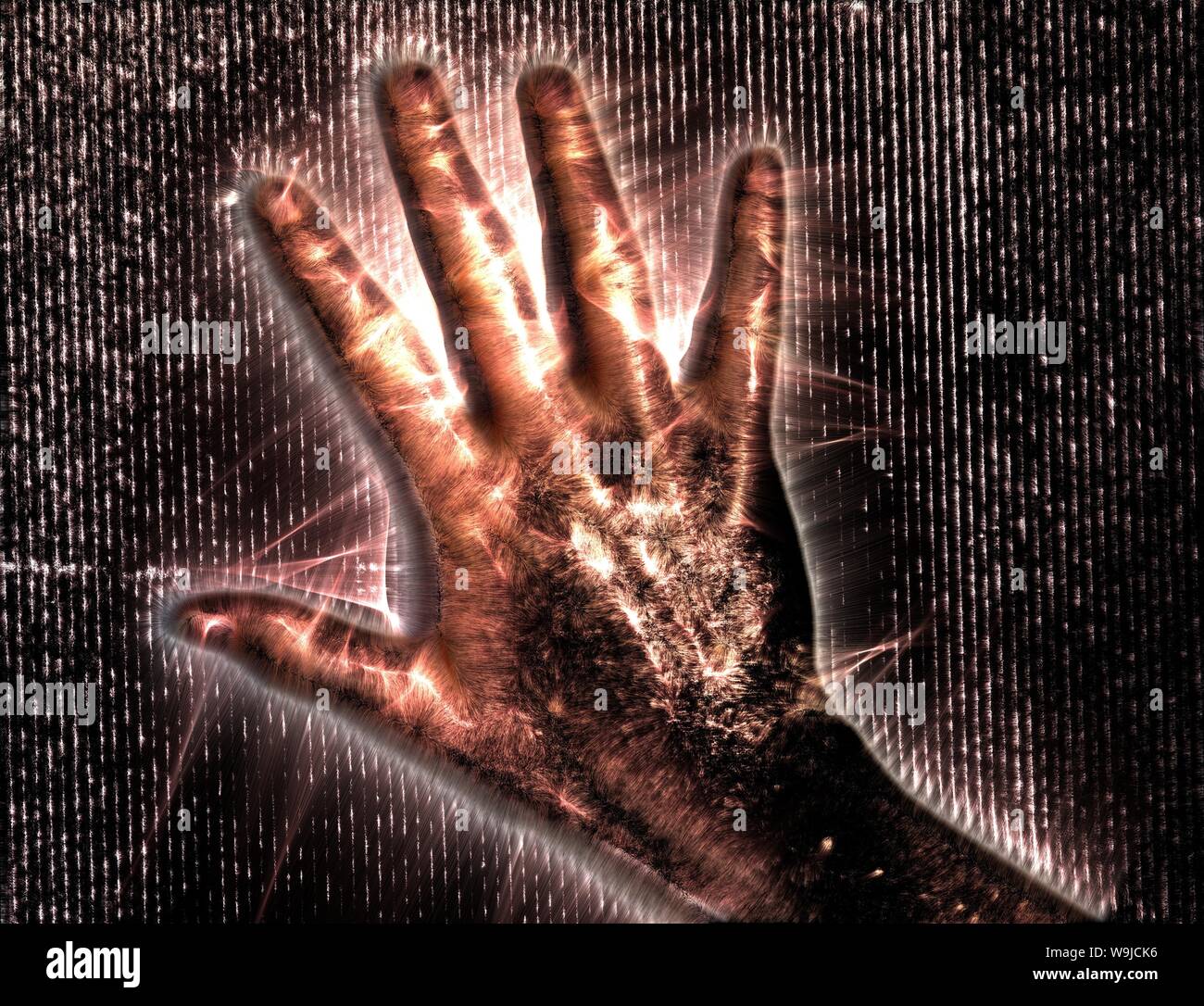 Red kirlian aura photography of a glowing human female hand showing ...